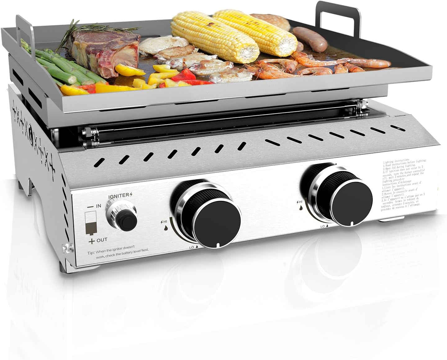 3 Burners Portable Propane Griddle，25 inch Stainless Steel Gas Grill，2 ...